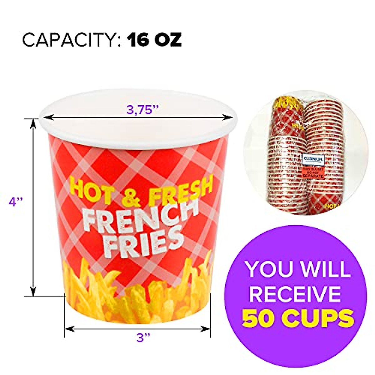 CUSINIUM [16 oz] 50-Pack French Fry Cups (Red) - Disposable Paper French Fry Holders
