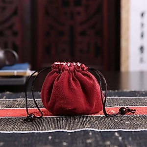 Retro Teapot Bundle Pocket, Flower Pattern Teacup Bag, Jewelry Storage Bag, Drawstring Bundle Pocket, Cotton Linen Teaware Storage Bag(Wine Red)