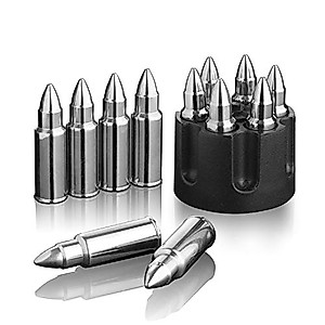 Whiskey Stones Bullets Stainless Steel - 1.75in Bullet Chillers Set of 6 Inside Realistic Revolver - Freezer Base, Made w/Premium Stainless Steel, Large Reusable Chilling Ice Cube, Good for Whiskey
