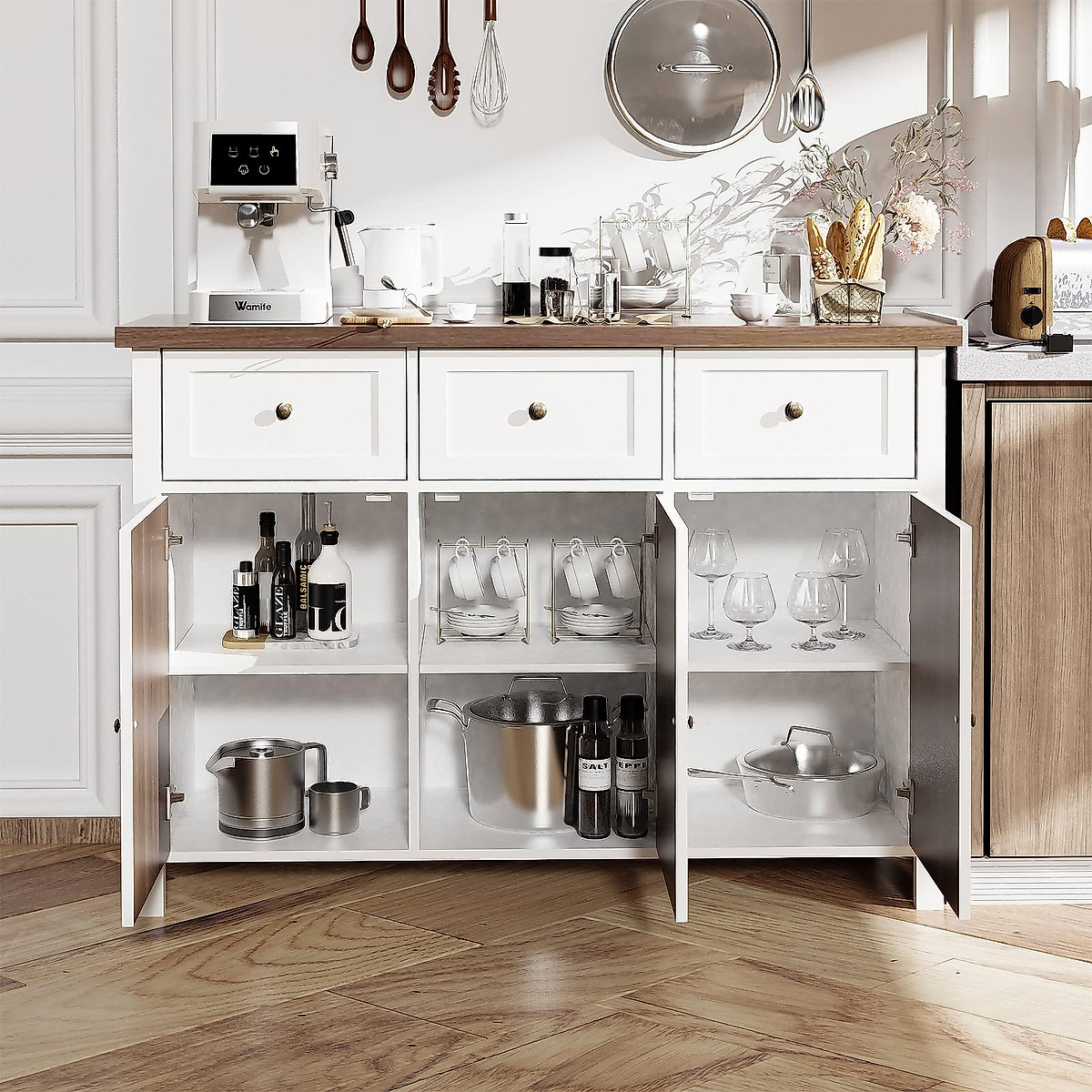 Sideboard Buffet Cabinet with Storage, Kitchen Cabinet with 3 Doors and 3 Adjustable Shelves and 3 Drawers, Buffet Server Bar for Dining Room, Living Room