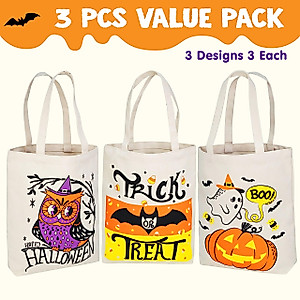 JOYIN 3PCS 13.75” Large Halloween Tote Treat Bags for Trick or Treating, Halloween Goodie Candy Bags, Reusable Canvas Gift Bags for Kids Party Favor Supplies, Snack Grocery Bags with Handles