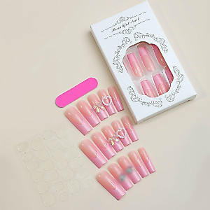 French Tip Press on Nails Long Square False Nails Tube Shape Pink Acrylic Nails with Rhinestones 3D Cat and Heart Bow Designs Glue on Nails Glitter Fake Nails Press Ons for Women 24pcs from QQPPOLIU