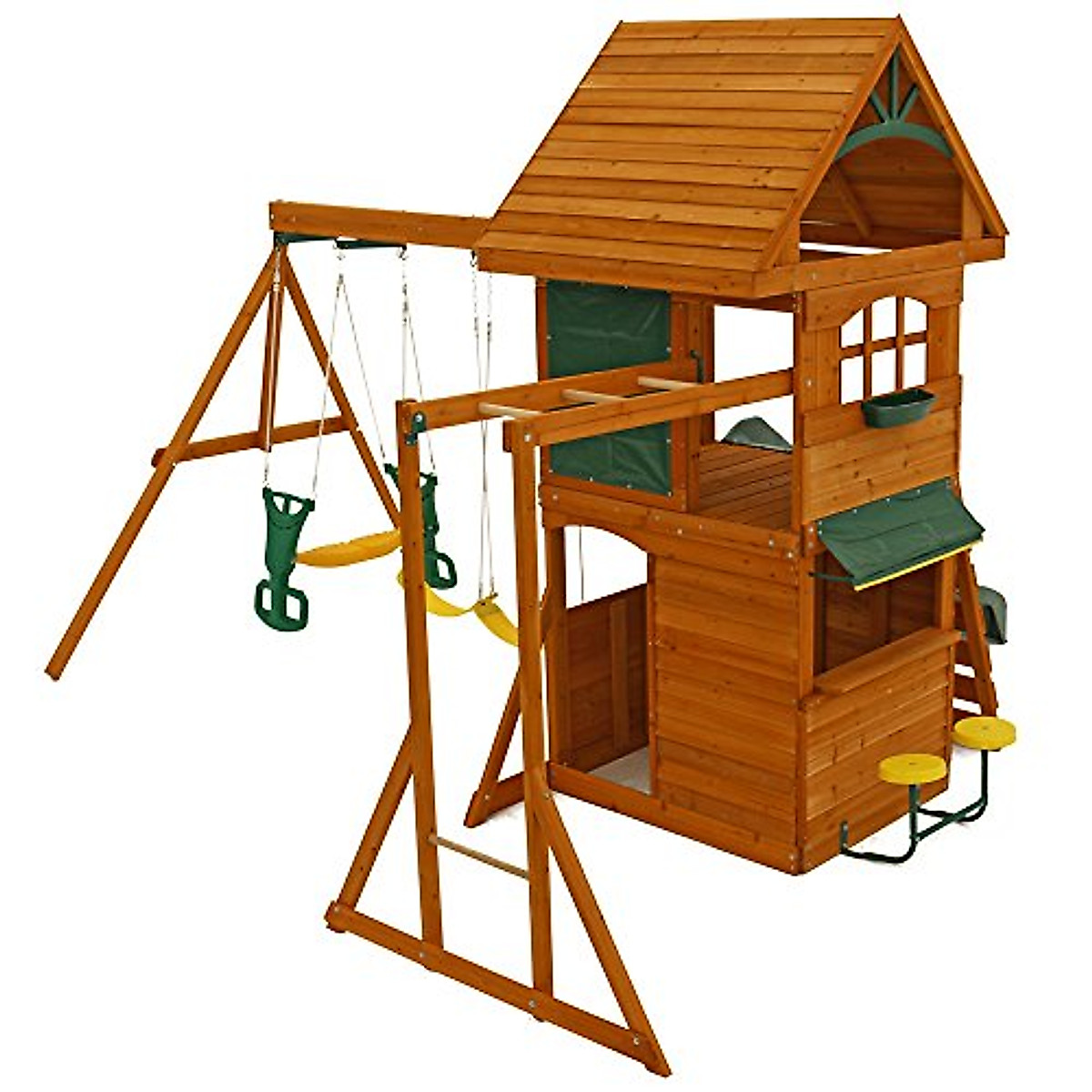 KidKraft Ridgeview Deluxe Clubhouse Wooden Swing Set / Playset with Café Table and Stools, Monkey Bars, Swing and Rock Wall, Gift for Ages 3-10