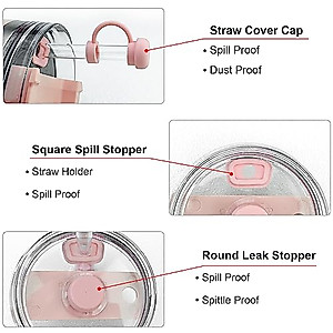 Straw Cover Spill Stopper Set Compatible with Stanley Cup 40 oz 30 oz Quencher H2.0, 2 Silicone Straw Cover Cap, 2 Square Spill Stopper and 2 Round Leak Stopper for Stanley Tumbler Accessories