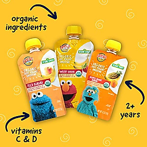 Earth's Best Organic Kids Snacks, Sesame Street Toddler Snacks, Organic Fruit Yogurt Smoothie for Toddlers 2 Years and Older, Banana Smoothie Variety Pack, 4.2 oz Resealable Pouch (Pack of 18)