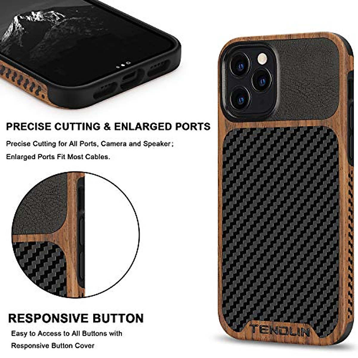 TENDLIN Compatible with iPhone 12 Pro Max Case Wood Grain with Carbon Fiber Texture Design Leather Hybrid Case Black