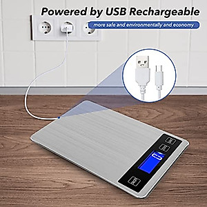 33lb Food Kitchen Digital Scale,1g/0.05oz Precise Graduation, USB Charging Kitchen Scale, Waterproof Stainless Steel with LCD Display, Ounces and Grams for Weight Loss, Cooking, Baking (silvery)