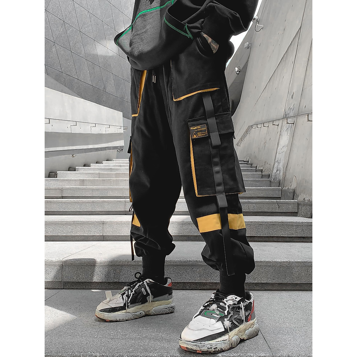 Ambcol Men's Jogger Pants Techwear Hip Hop Harem Pants Streetwear Tactical Track Pants with Drawstring Black-Yellow Medium