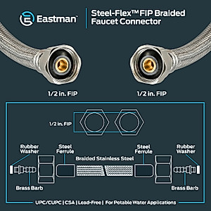 Eastman 12 Inch Steel-Flex Faucet Connector, 1/2 Inch FIP x 1/2 Inch FIP, Braided Stainless Steel Faucet Supply Line, 48015