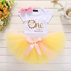 IBTOM CASTLE Baby Girls 1st Birthday Cake Smash 3pcs Outfits Set Cotton Romper bodysuit+Tutu Dress+Flower Headband Princess Skirt Clothes Yellow smile Sun One Size