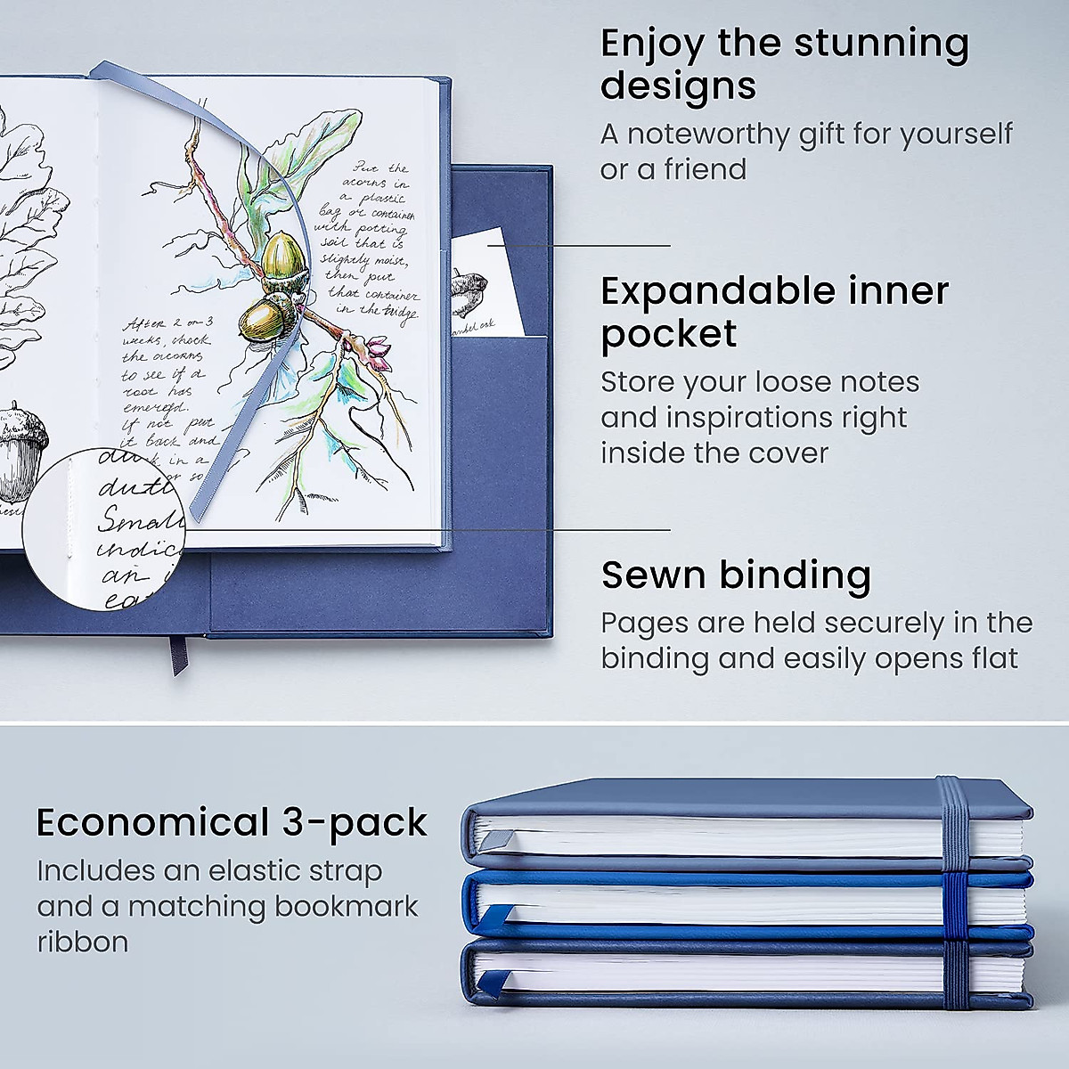 ARTEZA Journals, Pack of 3, 6x8 Inches, 96 Sheets, Cobalt Blue, Med Blue, and Navy, Hardcover Noteboos with Smooth Lined, Blank and Dotted Paper