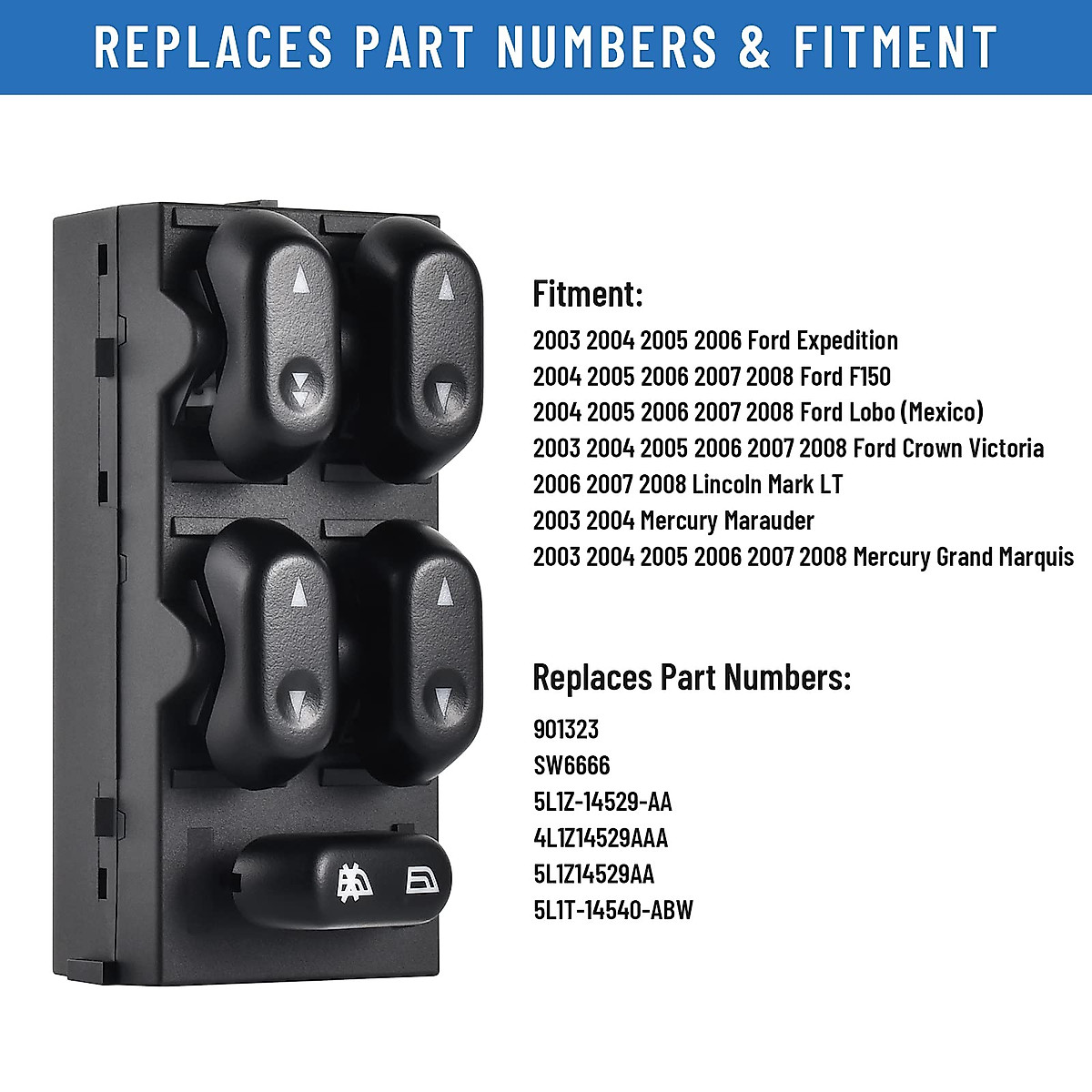 PUENGSI Power Window Switch for | Ford F150/Crown Victoria/Lobo 2004-2008, Expedition 2003-2006, Mark LT 2006-2008 | Mercury Grand Marquis/Marauder, Replace OE# 901339, 5L1Z14529AA, 4L1Z14529AAA