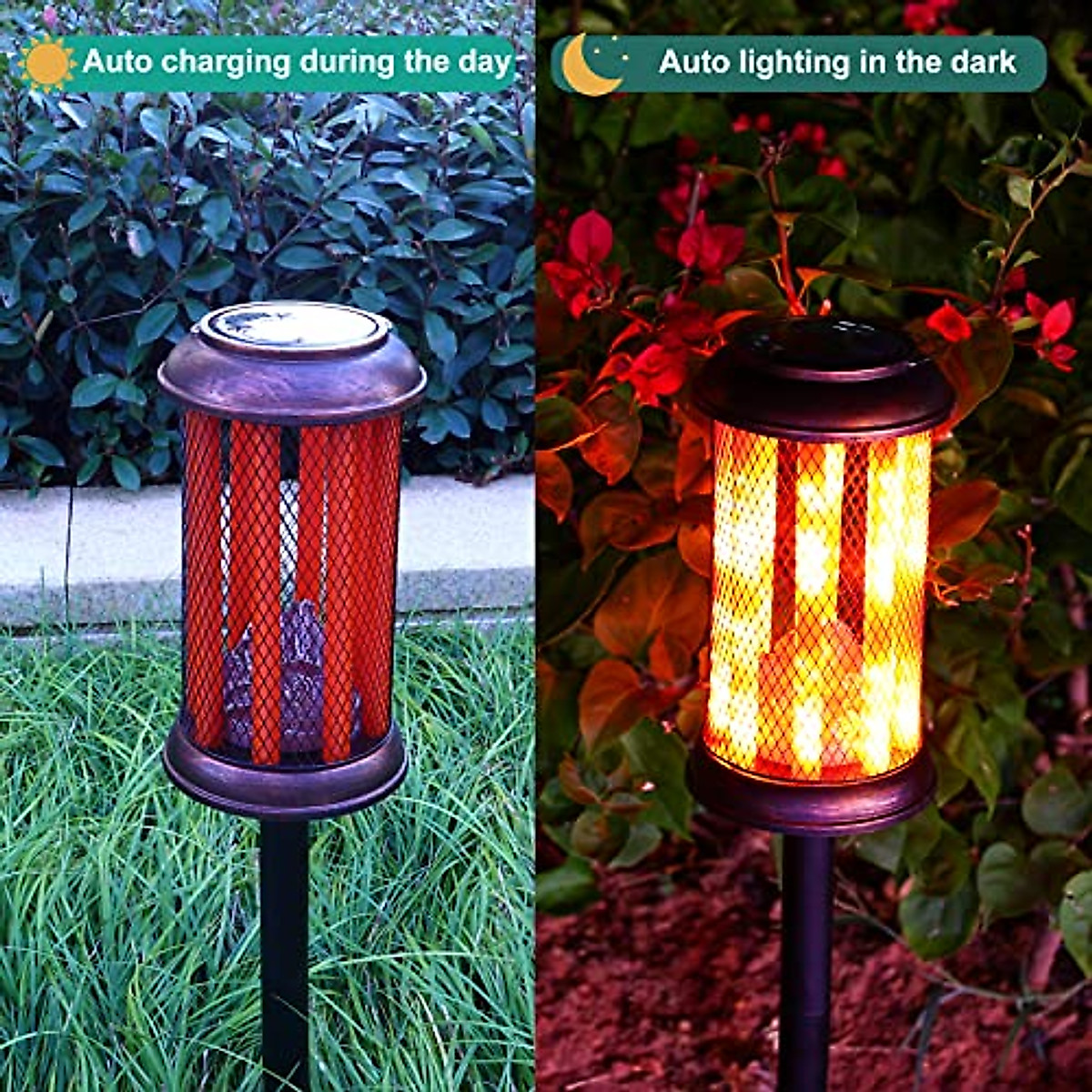 Solar Lanterns Flickering Flame Lights Metal Flame Lantern Outdoor Hanging Lighting Waterproof LED Flame Lights for Patio Garden Yard Winter Gift for Christmas