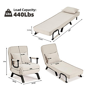 Convertible Sofa Bed Sleeper Chair,Single Person Chaise Lounge Couch with Pillow,Upholstered Lazy Bed with 6 Angles Adjustable Backrest,Folding Sofa Arm Chair for Apartment/Office/Home (Beige)