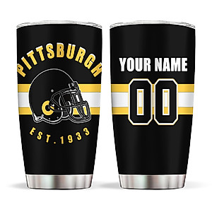Custom Pittsburgh Tumbler 20oz Stainless Steel with Lid & Straw Personalized Football Fans Gifts for Women Men Coffee Travel Mug Cup Add Name Number