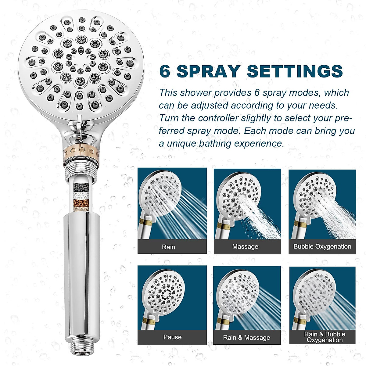 DOILIESE 6 Settings Shower Head with Handheld, High Pressure Shower Head Filter for Hard Water - 15 Stage Filtered Shower Head with Hose for Remove Chlorine Heavy Metals and Other Sediments (Chrome)