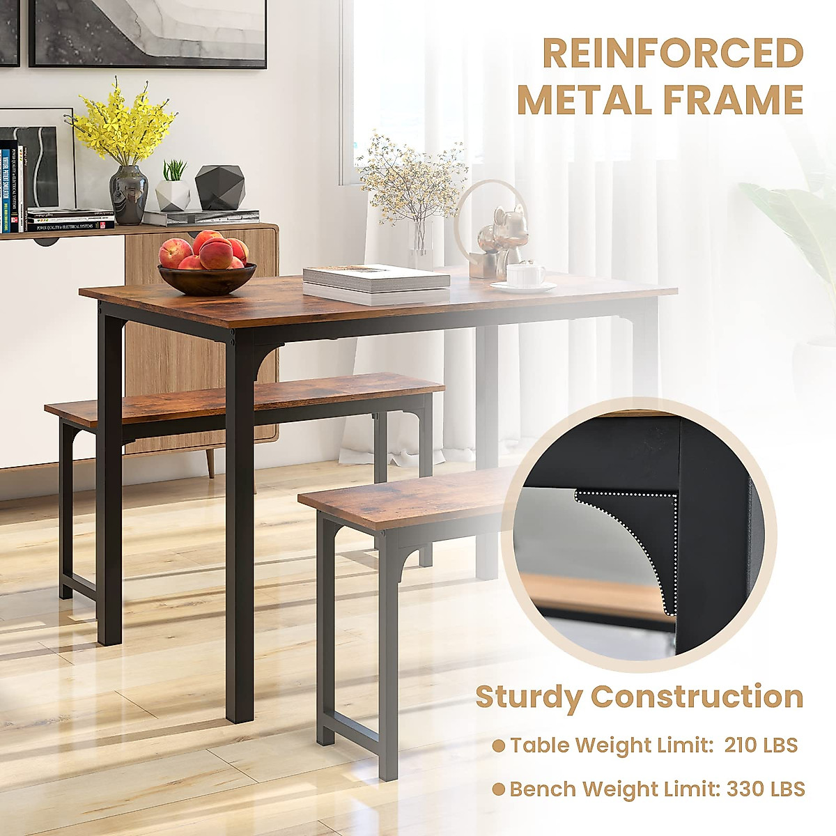 IFANNY Dining Table Set with 2 Benches, Industrial Kitchen Table & Chairs with Metal Frame, Space-Saving Breakfast Nook Table Set, 3 Piece Dinette Set for Farmhouse, Bar, Restaurant (Brown)