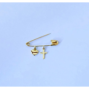 14k. Yellow Gold Baby Safety Pin with Two Charms/Cross & Heart Charms/Christening/Baptism/NOT Gold Filled NOT Gold Plated