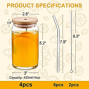 RLCOEUS Set of 4 Drinking Glass Cup with Bamboo Lids and 6 Glass Straws - Can Shape Beer Glasses for Smoothie, Whiskey, and Cocktails, 2 Cleaning Brushes