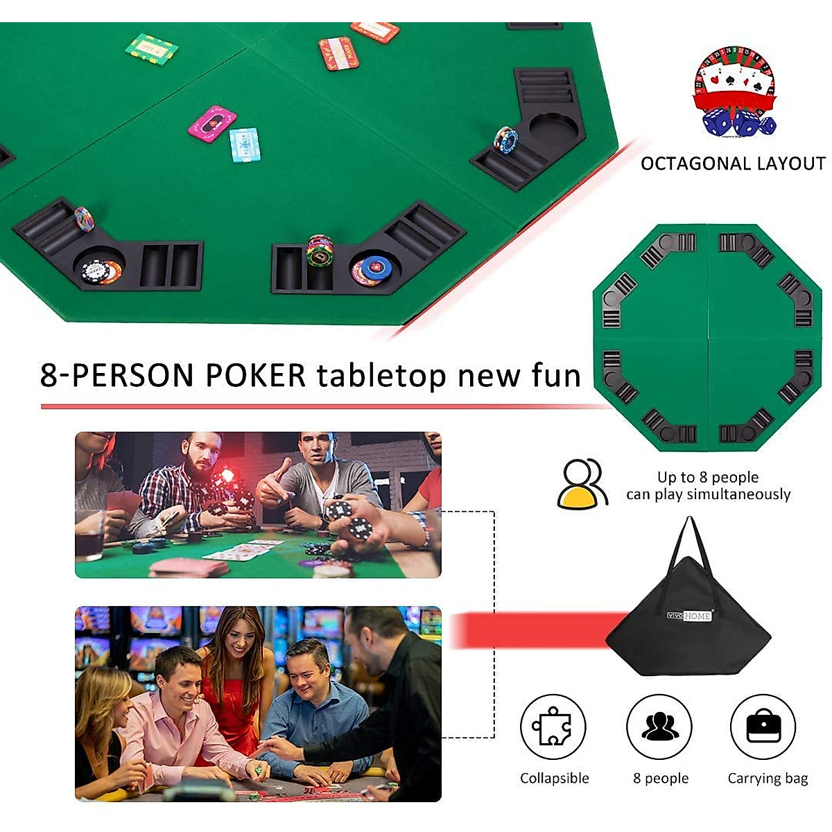 VIVOHOME 48 Inch Foldable 8-Player Texas Poker Card Table Top Layout Portable Anti-Slip Rubber Board Game Mat with Cup Holders and Carrying Bag, Green
