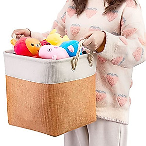 i BKGOO 3Pack Large Foldable Storage Bins，Collapsible Sturdy Cationic Fabric Organizing Storage Basket Cube with Cotton Handles for Home Office Shelf Clothes Toys Beige-Orange 13×13×13 inch