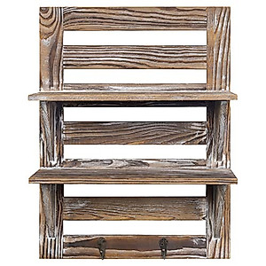 MyGift 2-Tier Torched Whitewashed Wood Wall Mounted Shelf Rack with Key Hooks, Entryway Storage Display Shelves, Bathroom Shelving and Towel Hooks, 7 x 13-Inches
