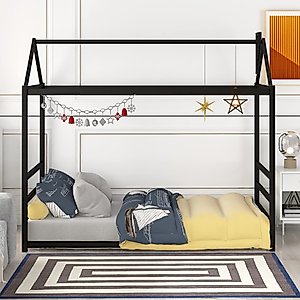 CITYLIGHT House Bed Twin Bed for Kids, Metal Floor Bed Frame with Roof, Montessori Bed for Toddlers, Kids, Girls & Boys (Twin, Black)