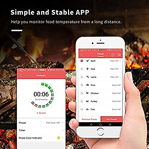 AMTAST Smart Wireless BBQ Thermometer 164ft Bluetooth Meat Thermometer for Barbecue Grilling Cooking Kitchen Food Meat with 6 Stainless Probes, Timer, Alarm