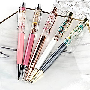 Ubabe Ballpoint Pens, 5pcs Blue Ink Metal Pens Purple/Grey/Rose Gold/White/Pink Cute Pens Liquid Dried Flower Pen for School Supplies Desk Accessories (Blue Ink)