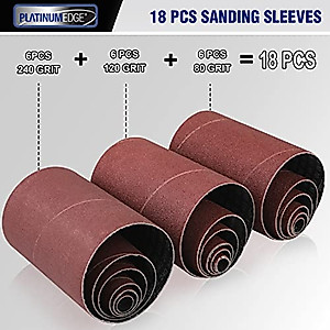 PLATINUMEDGE 18 Pieces Spindle Sander Sleeves, 6 Size assorted with 80, 120, 240 Grit Sandpaper, 1/2", 3/4", 1", 1-1/2", 2", 3" Diameter, Made of premium Aluminum Oxide Abrasive Sanding Sleeve 18-Pack