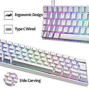 UK Layout 60% True Mechanical Gaming Keyboard Type C Wired 61 Keys LED Backlit USB Waterproof Keyboard 14 Chroma RGB Backlight Full Anti-ghosting Keys for Computer/PC/Laptop/MAC (White/Blue Switch)