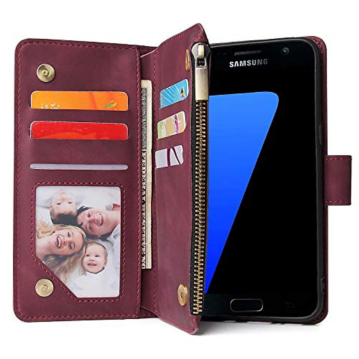 CHICASE Wallet Case for Galaxy S7 Edge,Samsung Galaxy S7 Edge Case,Leather Handbag Zipper Pocket Card Holder Slots Wrist Strap Flip Protective Phone Cover for Samsung Galaxy S7 Edge(Wine Red)