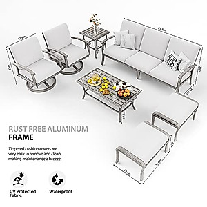 HAPPATIO 7 Piece Aluminum Patio Furniture Set, 3-Seat Outdoor Ottoman and Swivel Armchair, All-Weather Outdoor Sectional Sofa with Side Table and Coffee Table, Garden Conversation Set for Lawn(Gray)