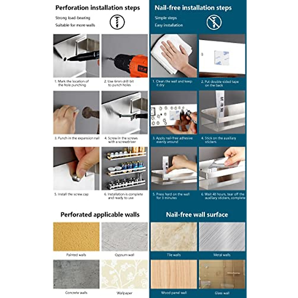 GEINIFAFA Rustproof Metal Storage Floating Shelves Wall Mounted Rectangular Shelf for Bedroom,Bathroom, Living Room, Kitchen, and Laundry Room,Nail-Free Wall-Mounted Shelves（15.75 Inch Silver）