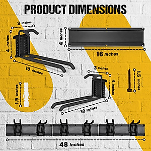 Gardi Beast Wall mount Tool Storage Rack - Heavy Duty Garden Tool Organizer, Garage Organization Hold Up to 350lbs - with 6 Double Layer Wall Hooks and 16"x3 Rails (48 inch total) Glove & Straps Black