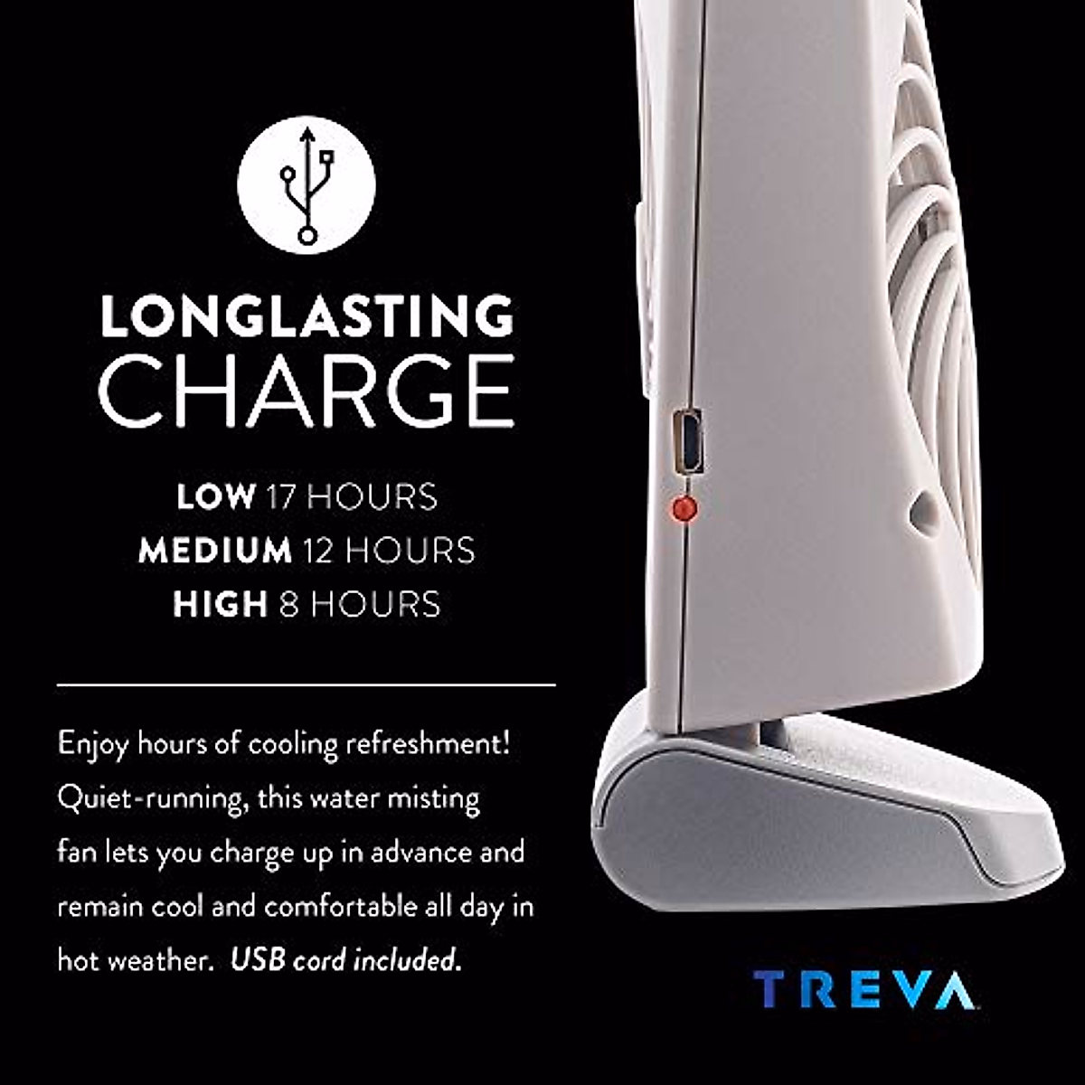 Treva 3-Speed Continuous Mister Fan – 3.5 Inch Personal Misting Fan with Intermittent or Constant Cooling Water Mist Sprayer - USB Rechargeable Battery - Portable for Travel, Camping, Beach, Desk
