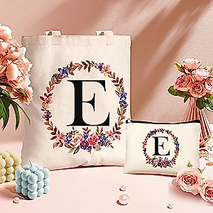 AUNOOL Monogrammed Tote Bag with Makeup Bag, 13oz Canvas Tote Bag for Women Floral Initial Tote Bag Bridal Shower Gifts for Bride To Be Personalized Gifts for Teachers Friends Sister, Letter E
