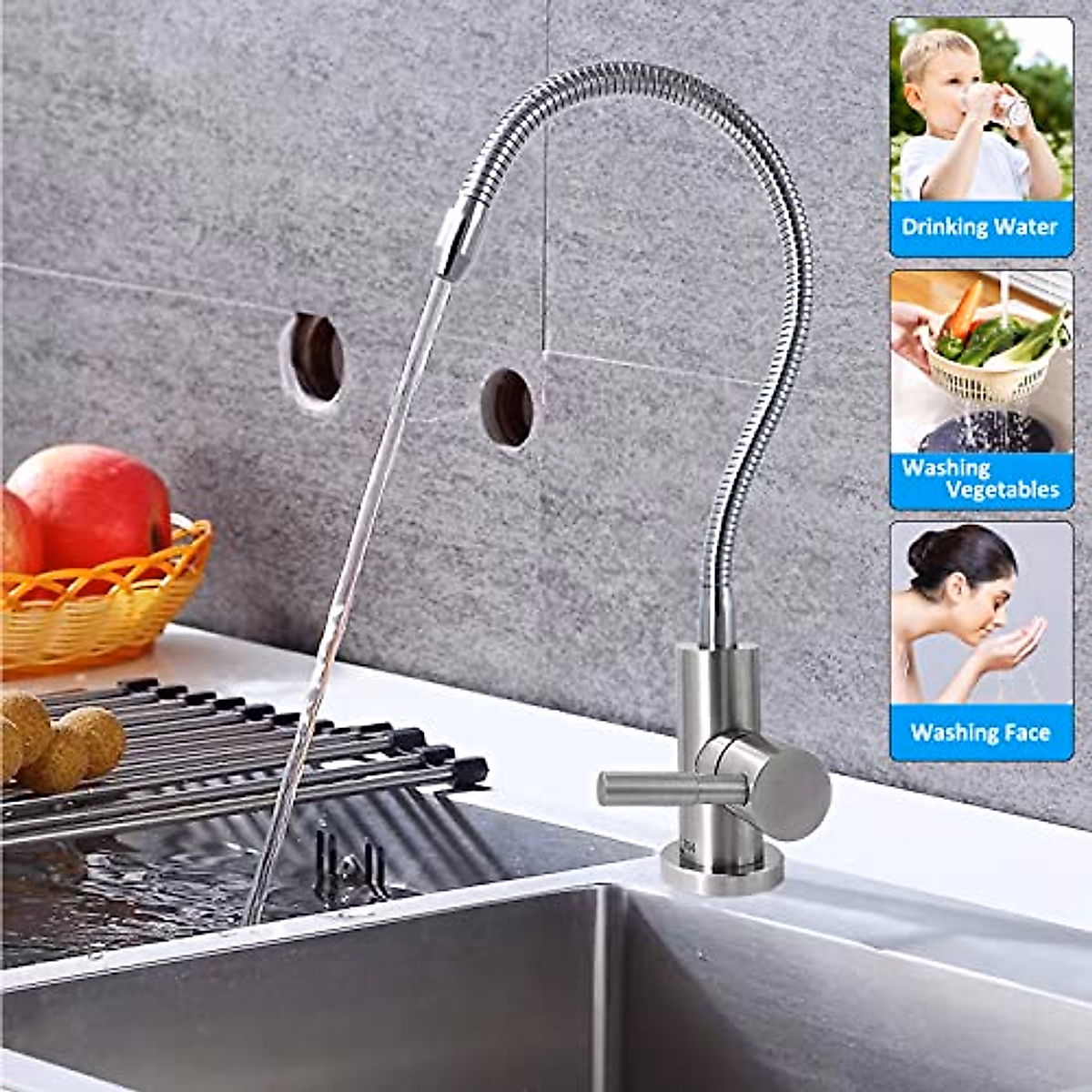 2023 Lead-Free Drinking Water Faucet with Flexible Gooseneck, SUS304 Stainless Steel Beverage Kitchen Water Filter Faucet Fits Most Water Purifier Filter Filtration Systems or Reverse Osmosis Units