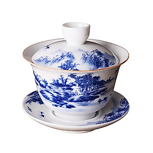 Jingdezhen Chinese Gaiwan Handmade 6.3oz/180ml Mountain Style China Blue and White Porcelain Gaiwan Kungfu Teacup Traditional Chinese Teaware Tea Set