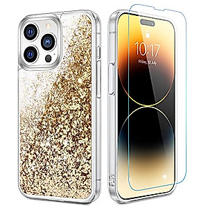Caka for iPhone 14 Pro Max Case, iPhone 14 Pro Max Phone Case Glitter Bling Sparkle Liquid for Women Girls Flowing Quicksand Clear Case Cover for iPhone 14 Pro Max 2022 - Gold