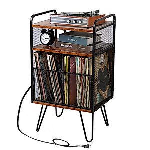Hadulcet 3 Tier End Table, Record Player Stand with USB Ports and Outlets, Turntable Stand for Vinyl Storage with 3 Dividers, Industrial Side Table for Living Room Bedroom, Rustic Brown
