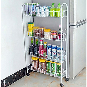 OKOKMALL US--Kitchen Storage Cart Slim Fridge Slide Tower Rack Shelf 4-Tiers with Wheels