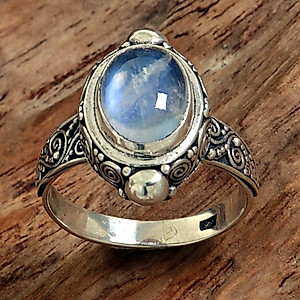 NOVICA Artisan Handmade Rainbow Moonstone Cocktail Ring Sterling Silver Indonesia Clear [ring Front 0.7 in L x 0.6 in W x 0.3 in H Band Width 3 mm W] ' Magic Portal'