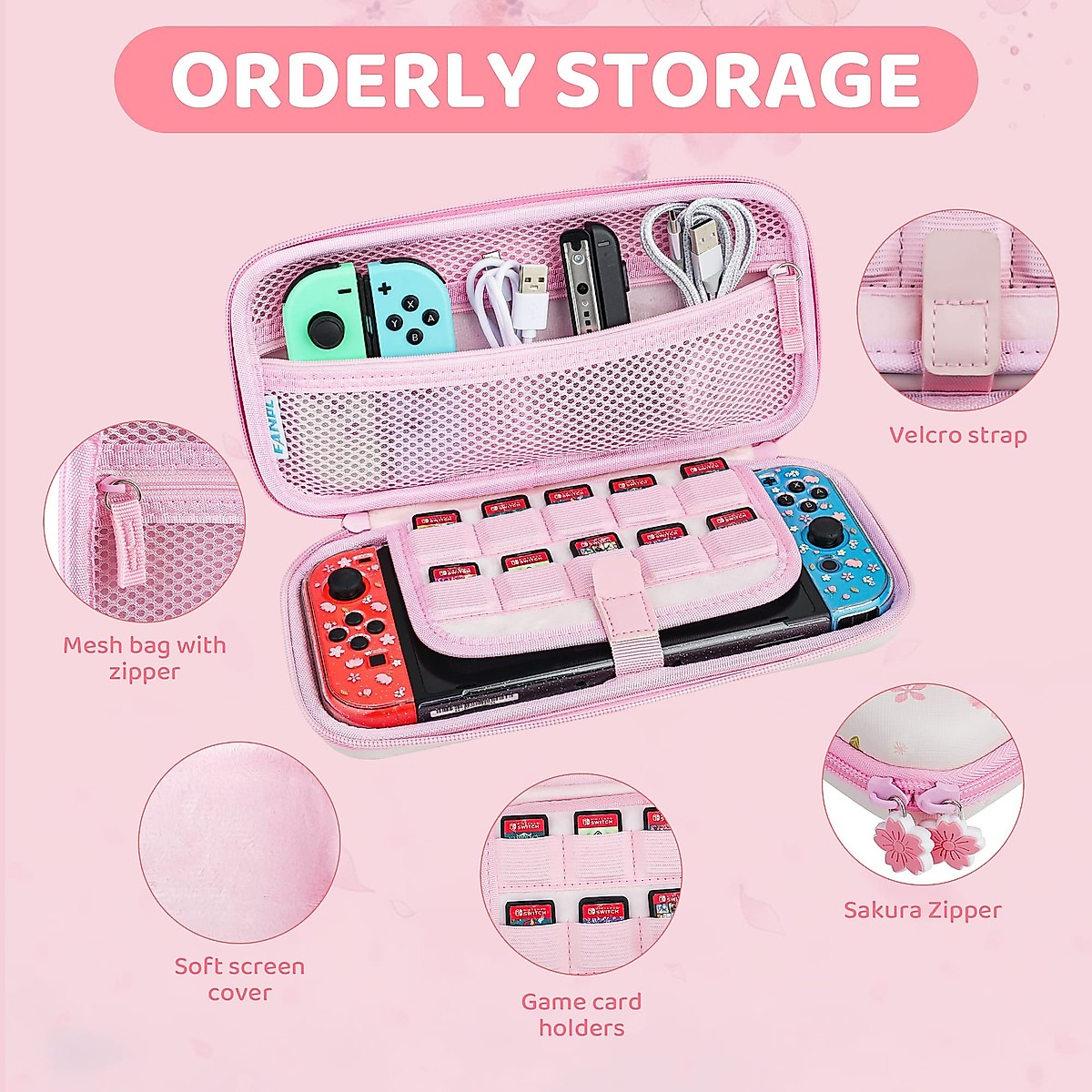 FANPL Cute Carrying Case Bundle for Nintendo Switch Case, Pink Switch Case Accessories Kit with Flower Hard Travel Case, Glitter Sakura PC Cover, Adjustable Strap, Screen Protector, Thumb Grip Caps