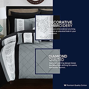 Chic Home CS1644-AN Clayton 10 Comforter Pin Tuck Pieced Block Embroidery Bed in A Bag with Sheet Set Black, Queen, Grey