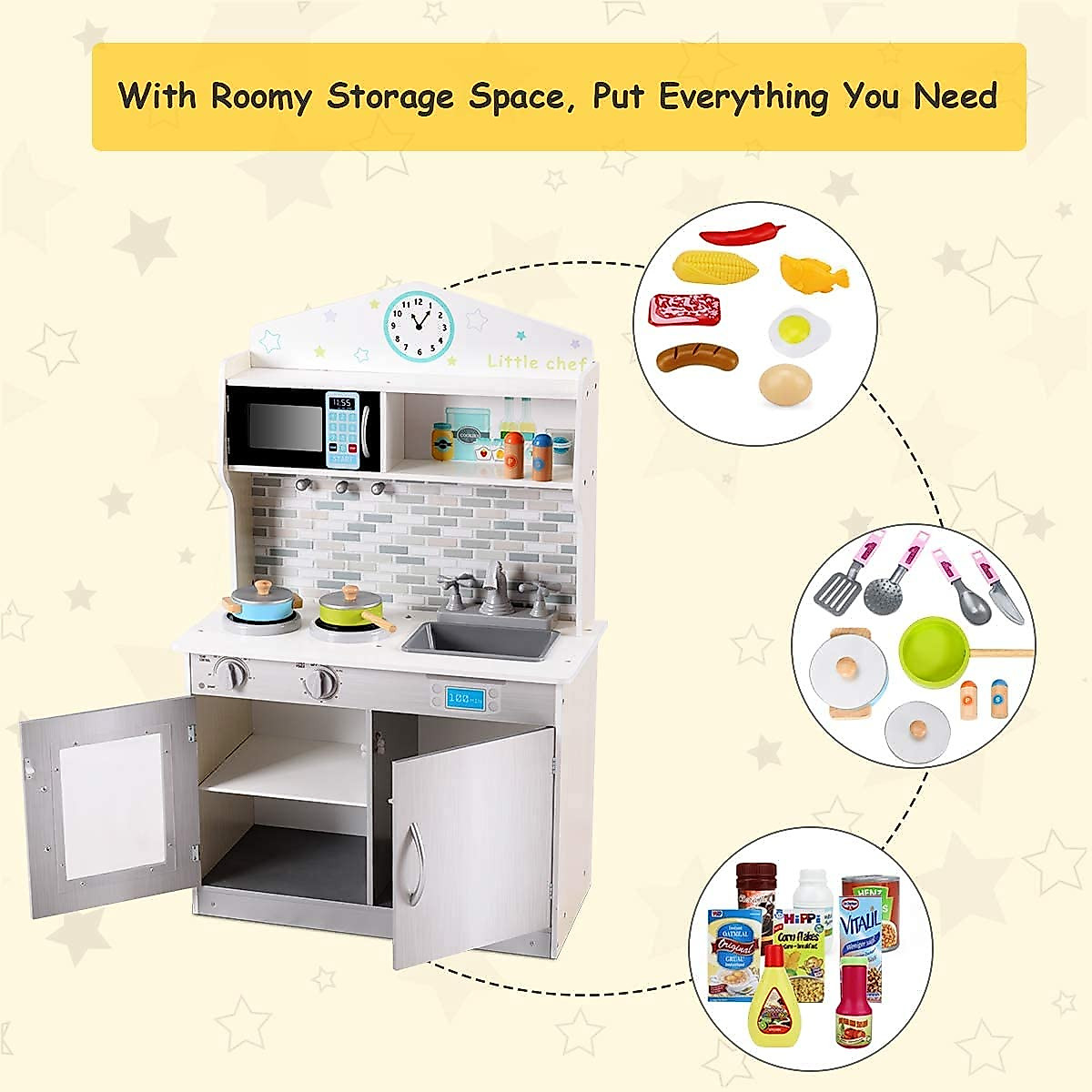 Fireflowery Kids Kitchen Playset, Wooden Cookware Set with Removable Sink, Microwave, Pegs on The Wall, Top Display Shelf, Play Kitchen for Toddlers 3+ (White)