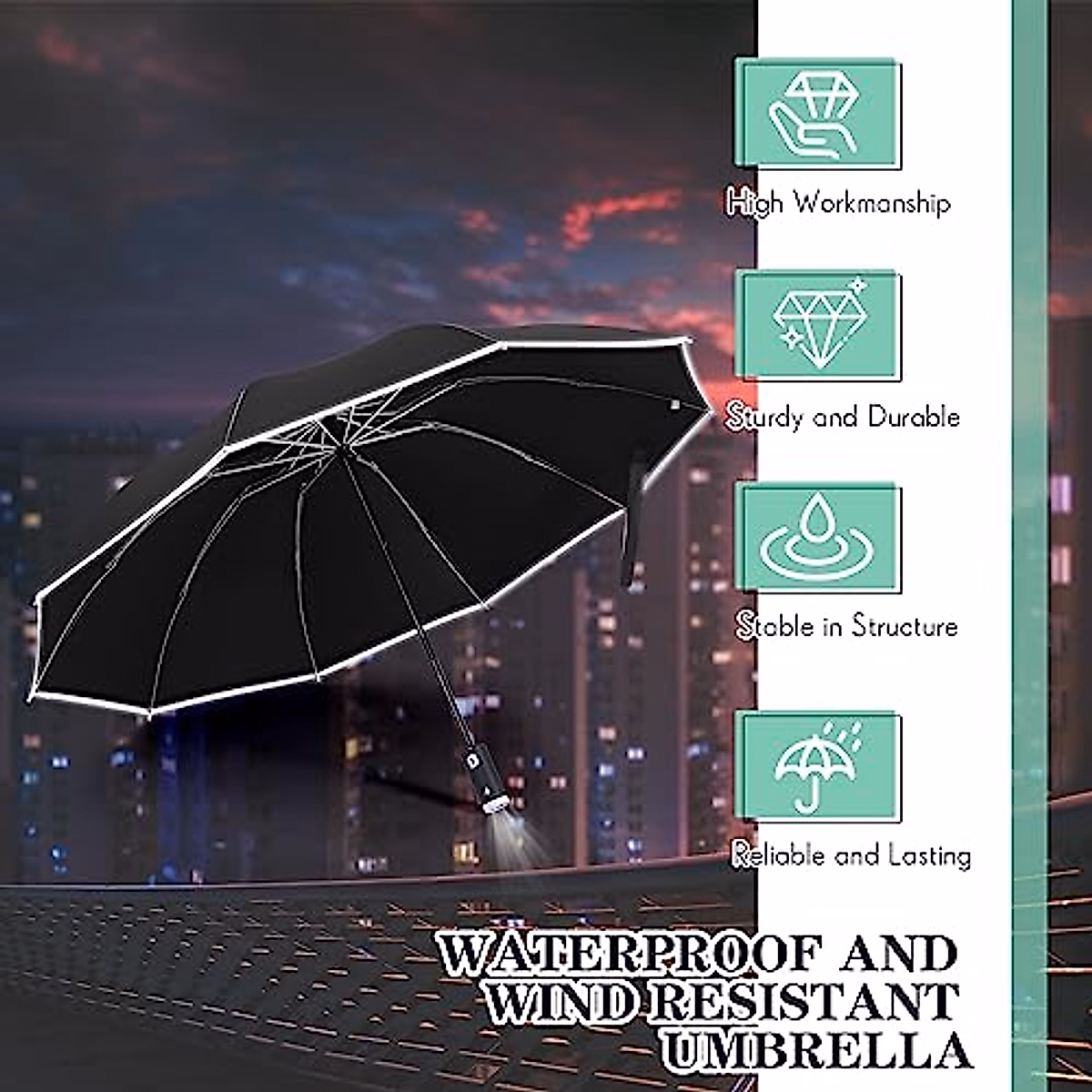 Sanwuta 2 Pcs Folding LED Umbrella Travel Umbrella Reflective Umbrella Compact Portable Parasol Waterproof Umbrella Auto Open Close Golf Umbrella, Black and Blue
