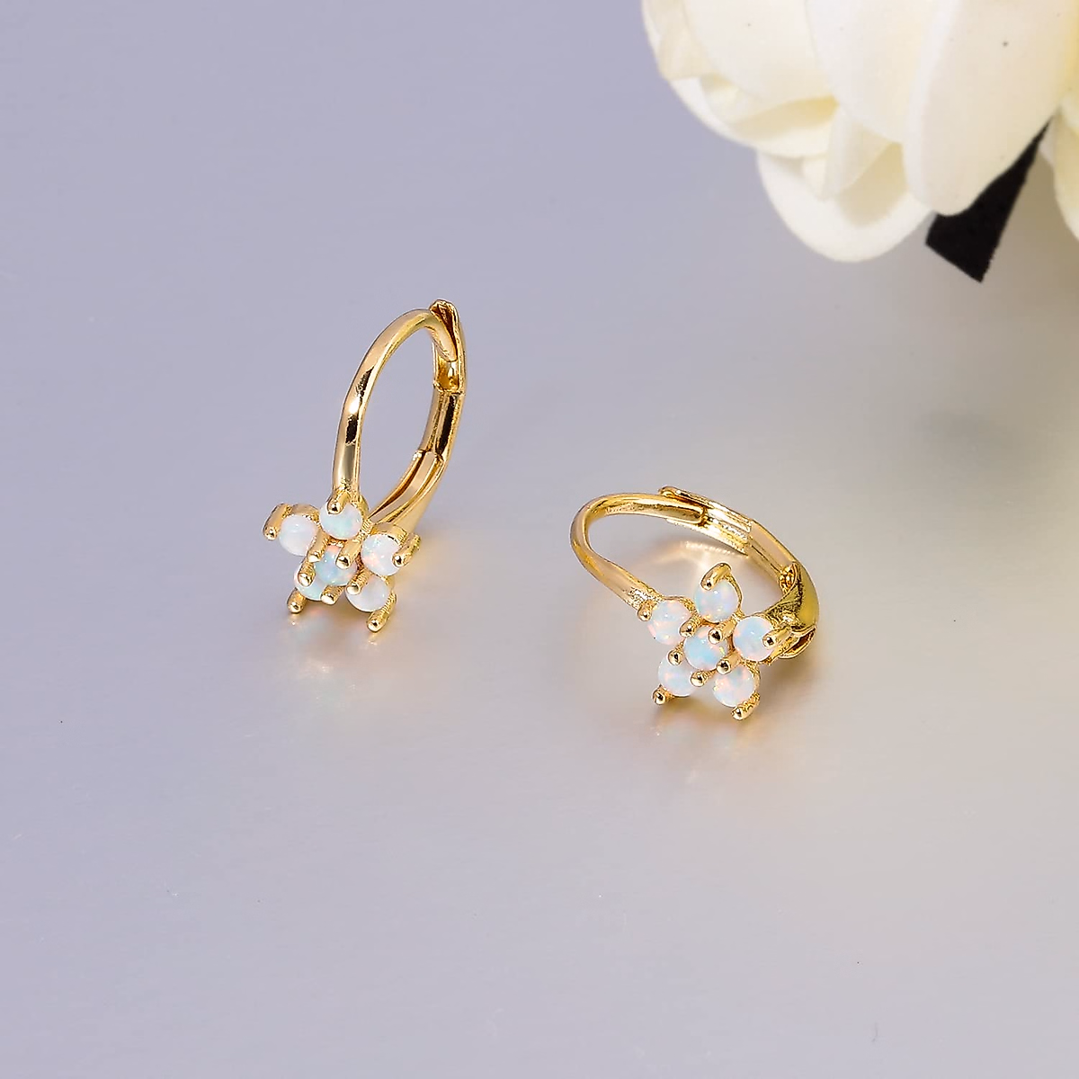 CiNily Womens 14K Yellow Gold Plated Flower Small Hoop Earrings Leverback Opal Dangle Drop Earrings