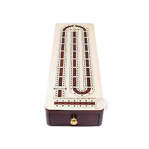House of Cribbage Continuous Cribbage Board Alphabet e Shape Inlaid in Maple and Bloodwood with Storage Drawer for pegs and Cards - 3 Tracks