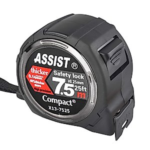 25FT Measuring Tape by ASSIST-Easy Read Double Side Printing with Metric and Inches，2.6m Level Standout Blade,Heavy Duty Shock Absorbent Rubber Case-for Construction，Surveyor